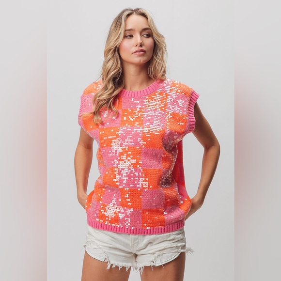BiBi | Sweaters | Nwt Large Bibi Pink And Orange Sequin Sweater | Poshmark